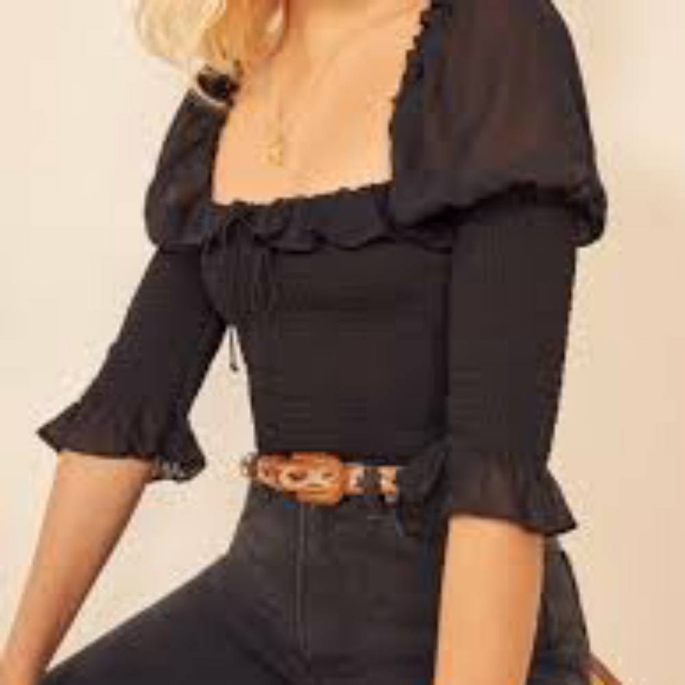 Reformation Julie Smock Top Black Fitted Long Sleeve … - Gem